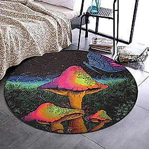 NiYoung Super Soft 36" Diameter Round Area Rug - Wonderland Trippy Mushrooms Non-Slip Doormat Floor Mat Home Decor for Living Room, Home, Bedroom, Absorbent Memory Foam Shaggy Rugs