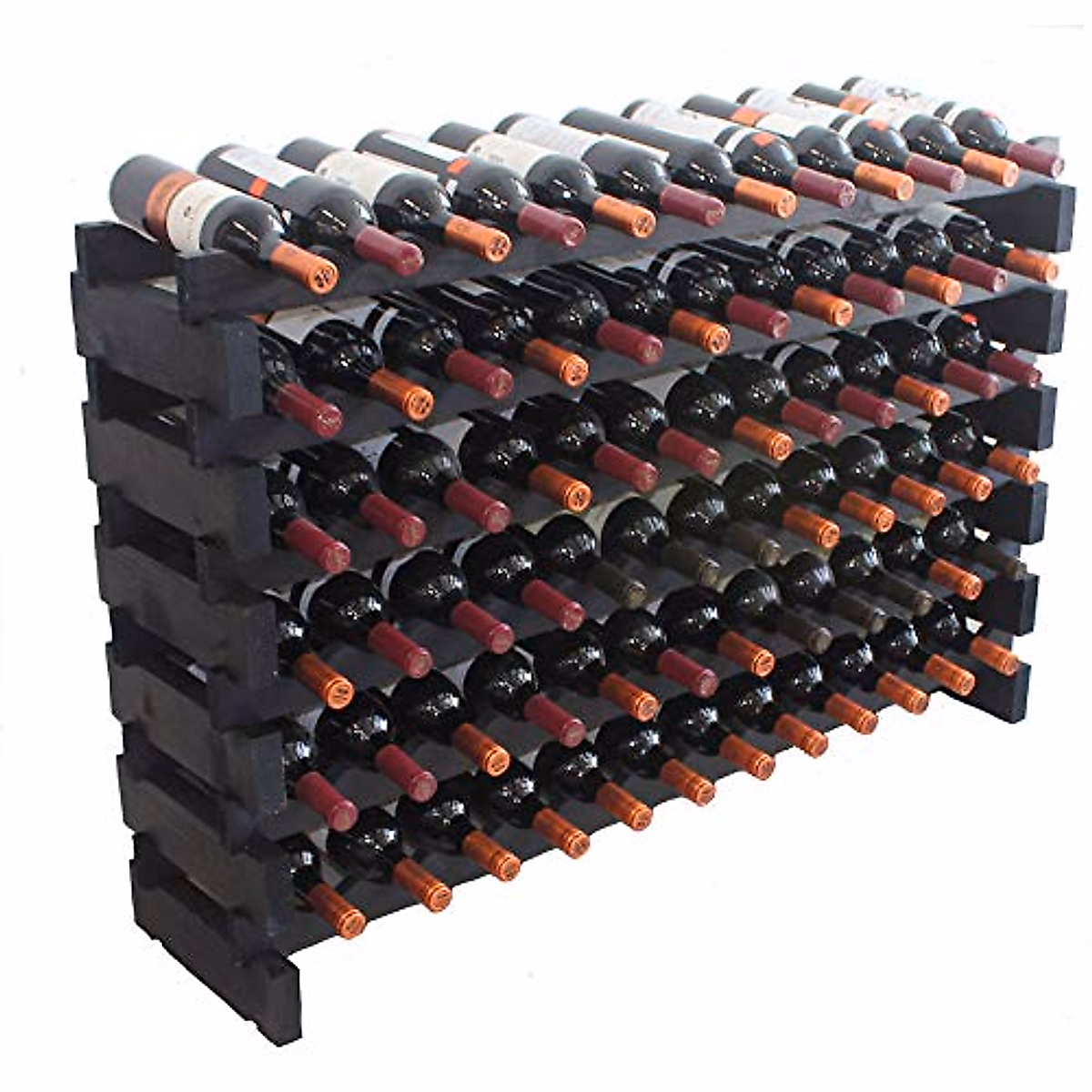 DisplayGifts Stackable Modular Wine Rack Storage Stand Pine Wood Display Shelves Wobble-Free 6 Rows 72 Bottle Capacity Black