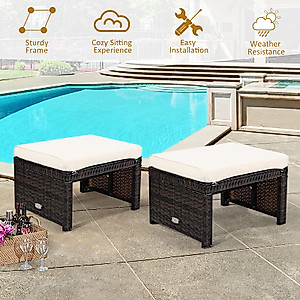 Tangkula 2 Pieces Patio Rattan Ottomans, All Weather Outdoor Footstool Footrest Seat with Soft Cushion, Hidden Zipper, High-Density Sponge, Wicker Ottoman Seat for Patio, Garden, Poolside (White)