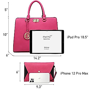 Dasein Women Handbags Fashion Satchel Purses Top Handle Tote Work Bags Shoulder Bags with Matching Clutch 2pcs Set (Peppled Fuchsia)