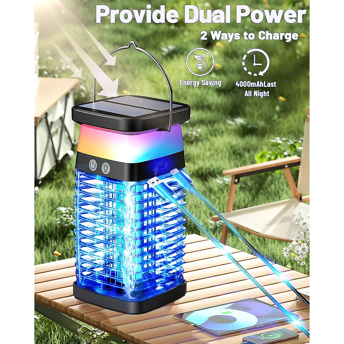 Solar Bug Zapper Outdoor Indoor, 3 in 1 Portable Electric Mosquito Zapper, Waterproof Plug in with RGB Light & Reading Lamp, Rechargeable Fly Zapper Insect Trap for Patio Camping Home Backyard