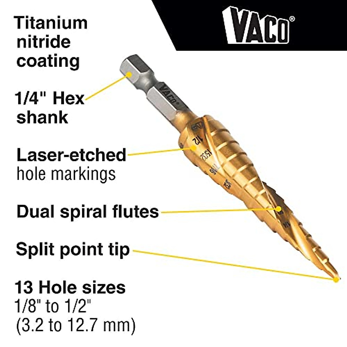 Klein Tools 25964 Step Drill Bit, 1/8 to 1/2-Inch, Spiral Double-Fluted, Cuts Thin Metal, Plastic, Aluminum, Wood, 1/4-Inch Hex Shank, VACO