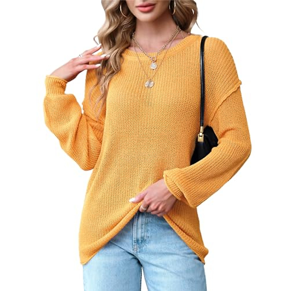 Danedvi Womens Long Sleeve Oversized Sweater Tops Crewneck Ribbed Knit Pullover See Through Lightweight Crochet Jumper Orange