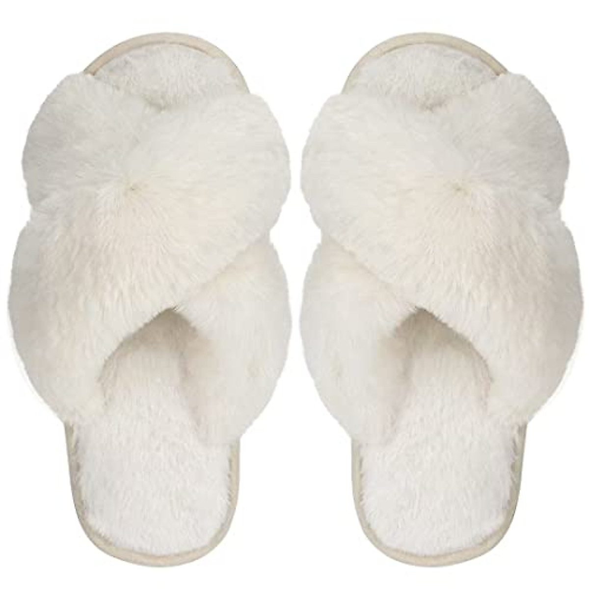 DOIOWN Women's Fuzzy Beige Slippers Memory Foam Cute House Slippers Plush Fluffy Furry Open Toe Home Shoes Bridal Bridesmaid Gifts for Wedding (Size 9-10)