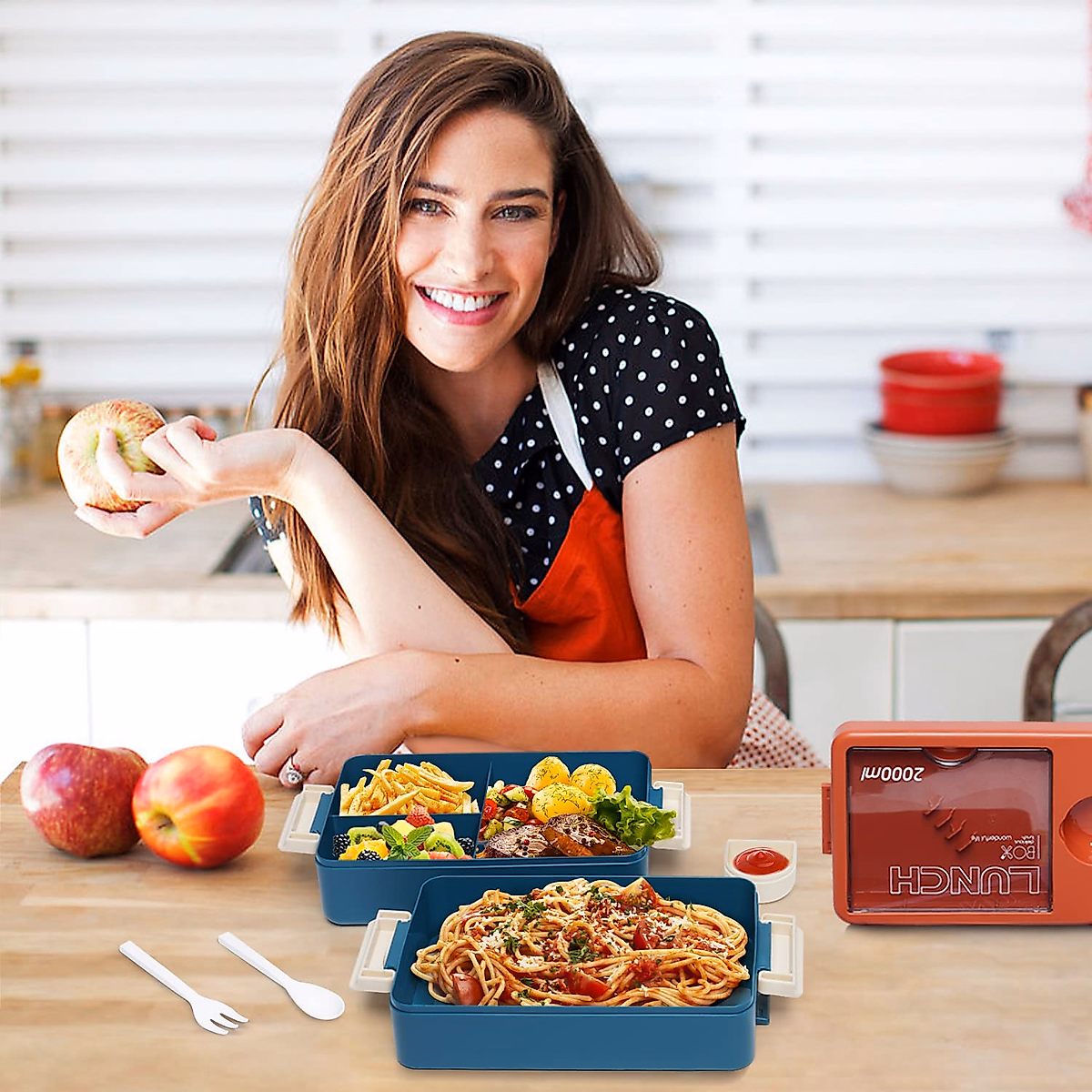 Aomola Bento Box Adult Lunch Box, 2000ML Bento Lunch Box with 4 Compartment for Older Kids or Teens, Tableware & Sauce Vontainers, BPA-Free, Dishwasher Safe, Food-Grade Materials, Leakproof (Orange)