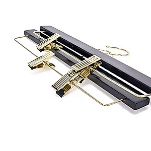 Quality Hangers Black Wooden Pants Hangers - 20-Pack Swivel Hook Cloth Hanger Set - Lotus Wood Skirt, Pant, Shorts and Slack Hangers with Adjustable Clip – Black Clothing Hanger (Gold Hook, 20)