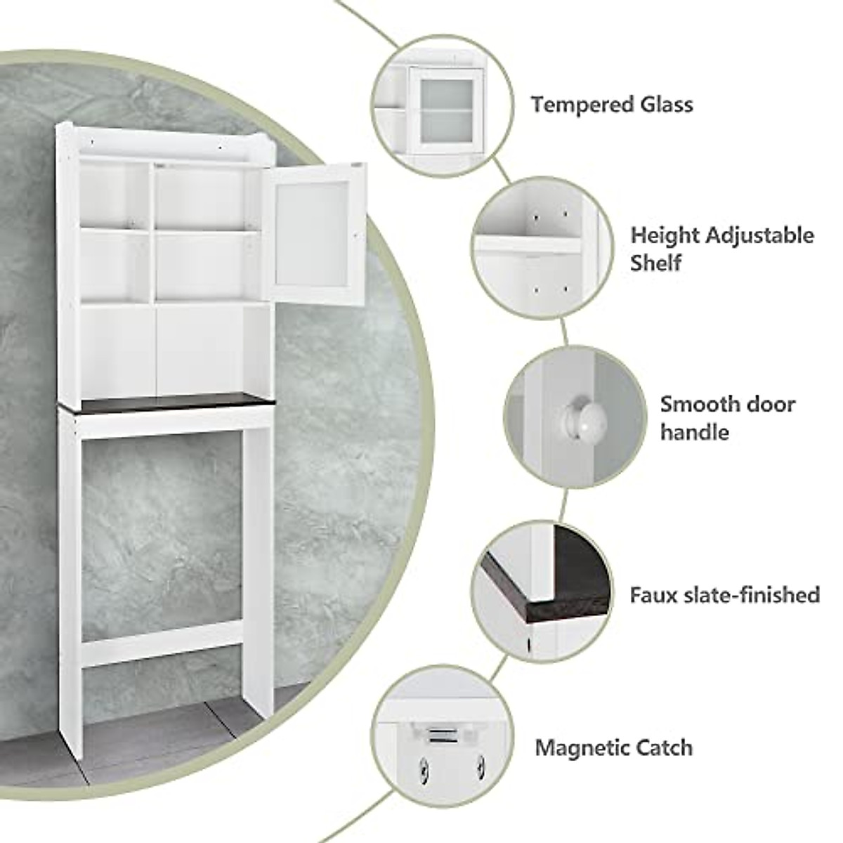 ZenStyle Over The Toilet Storage Cabinet Wood Bathroom Spacesaver Storage Organizer with Adjustable Shelves, Tempered Glass Door and Cubby, Soft White