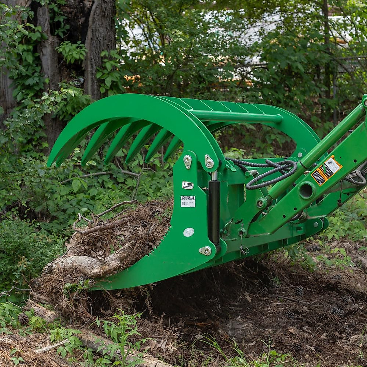 Titan Attachments 84" HD Root Grapple Rake Attachment Fits John Deere Hook and Pin Connection, Recommended for Series 4 Tractors, Twin 3,000 PSI Cylinders, Carry Rocks, Logs, Brush, Debris