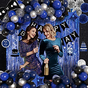 Ouddy Life Blue and Black Birthday Decorations for Men Boys, Navy Blue Black Sliver Confetti Balloon Happy Birthday Banner Fringe Curtain Hanging Swirl Graduation Baby Shower Engagement Party Supplies