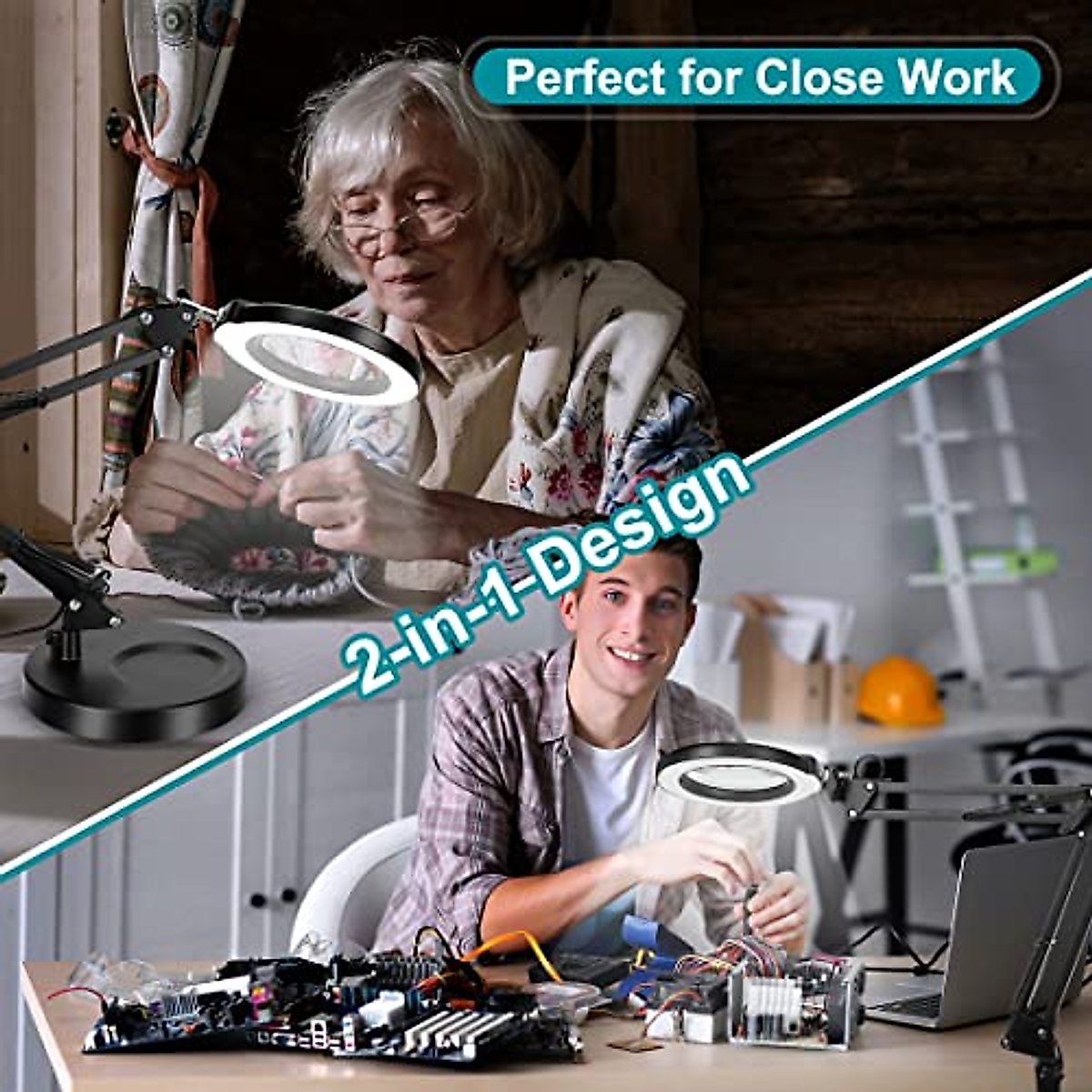 Drdefi 5X Magnifying Glass with Light and Stand, 5 Color Modes Stepless Dimmable Desk Lamp with Clamp, Adjustable Swing Arm 2-in-1 LED Lighted Magnifier with Light for Craft Hobby Reading Close Works