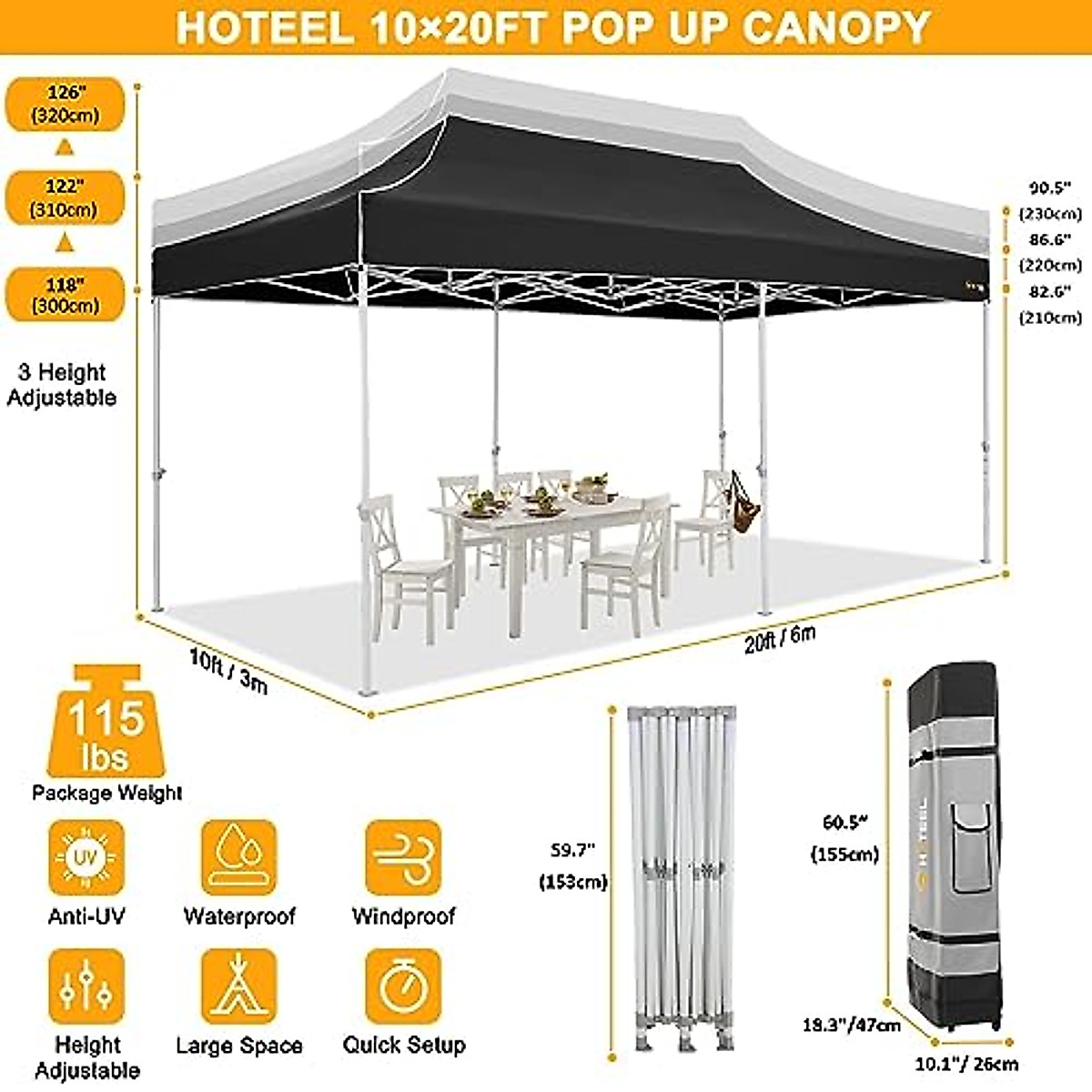 HOTEEL Tents for Parties, 10x20 Pop Up Canopy Tent Heavy Duty, Commercial Outdoor Canopy Tents for Event Wedding, All Season Wind UV 50+&Waterproof Gazebo with Roller Bag, Thickened Legs, Black