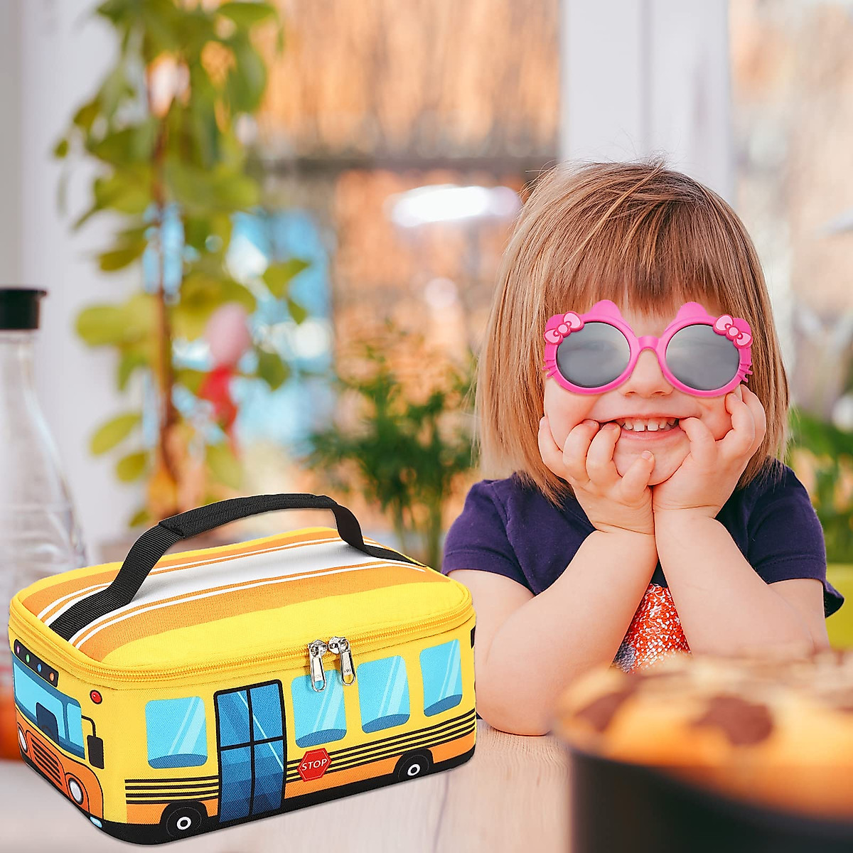 LEDAOU Lunch Box Kids Boys Girls Cute Insulated Lunch Box Reusable Lunch Bag Meals Tote Lunchbox for School Picnic Travel (Bus Yellow)