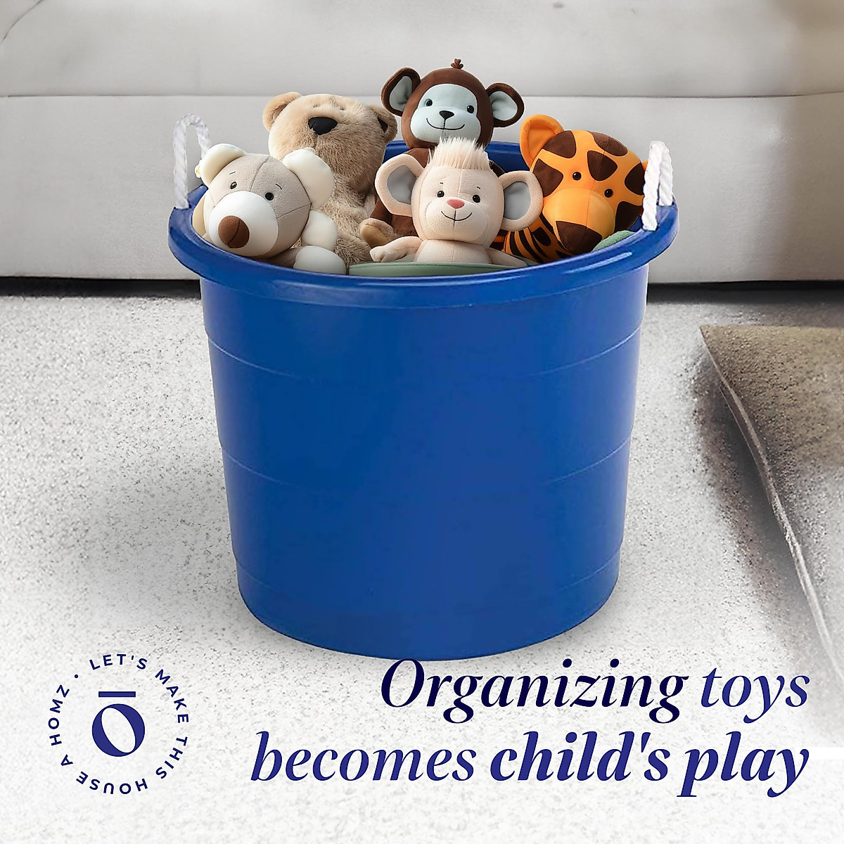 HOMZ 17-Gallon Plastic Multipurpose Utility Storage Bucket Tub with Strong Rope Handles for Indoor and Outdoor Use, Blue (4 Pack)