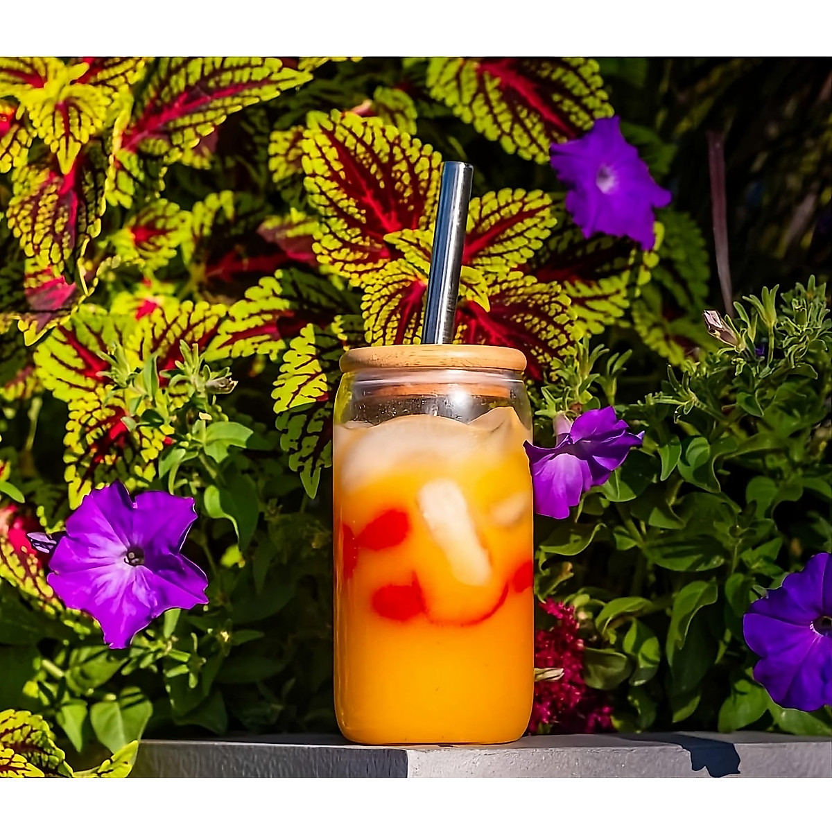 My Nest Modern Glass Cups with Lids and Straws (Set of 4, 16oz) - Aesthetic Cups Ideal as Glass Coffee Cups, Matcha Glass, Smoothie Cup, Bear Glass Cup