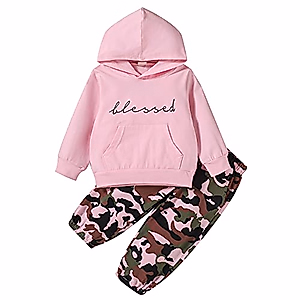 Toddler Baby Girl Winter Outfits Blessed Printed Hooded Top + Camouflage Pants 2pcs Clothes Set Tracksuit