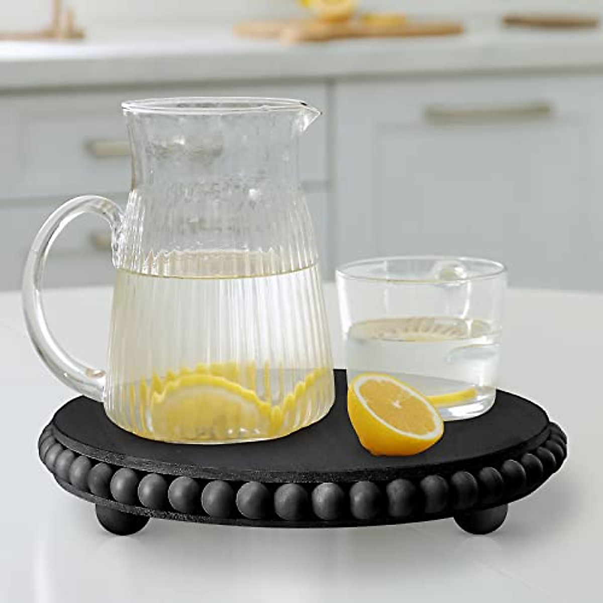 2 Pcs Beaded Wood Pedestal Stand Wooden Risers for Display Farmhouse Round Display Stands Decorative Accent for Coffee Bar, Bathroom, Kitchen Island, Plant Pot (Black, 6/9.5 Inch)