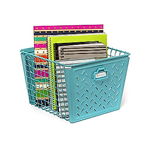 Spectrum Diversified Macklin, Stamped Steel & Wire Basket for Closet & Cubby Storage Vintage-Inspired Design with Customizable Label Plate, Large, Teal