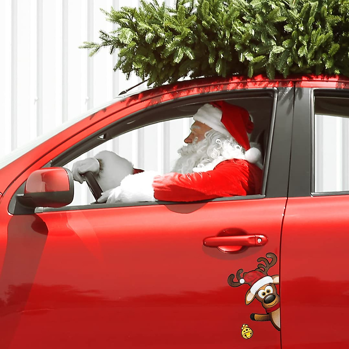 Bigtime Signs XL 4 Piece Reflective Magnetic Reindeer Car Kit - Funny Christmas Car Decorations + 2 Jingle Bells Magnets - Holiday Automotive Magnet (Waving Reindeer)