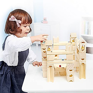 Wooden Marble Run for Kids Ages 4-8, 80 Pieces Wood Building Blocks Toys and Construction Play Set, Marble Track Maze Game STEM Learning Toys Gifts for Boys Girls (80pc Set)