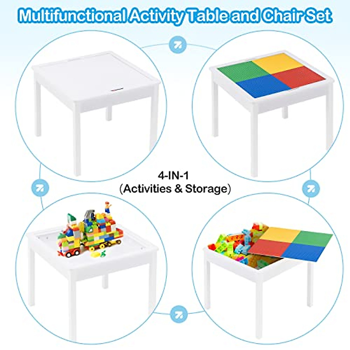 Wooden Kids Activity Table and Chair Set, 4-in-1 Building Blocks-Compatible Desk with Storage for Children and Toddler Drawing Reading Arts Crafts - Colorful