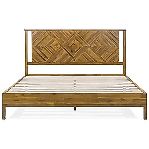 Bme Ethan Solid Wood King Bed Frame with Diamond Headboard - Rustic & Mid-century Modern - Acacia Wood Platform Bed - Compatible with All Mattresses - No Box Spring Needed - Rustic Dark Brown