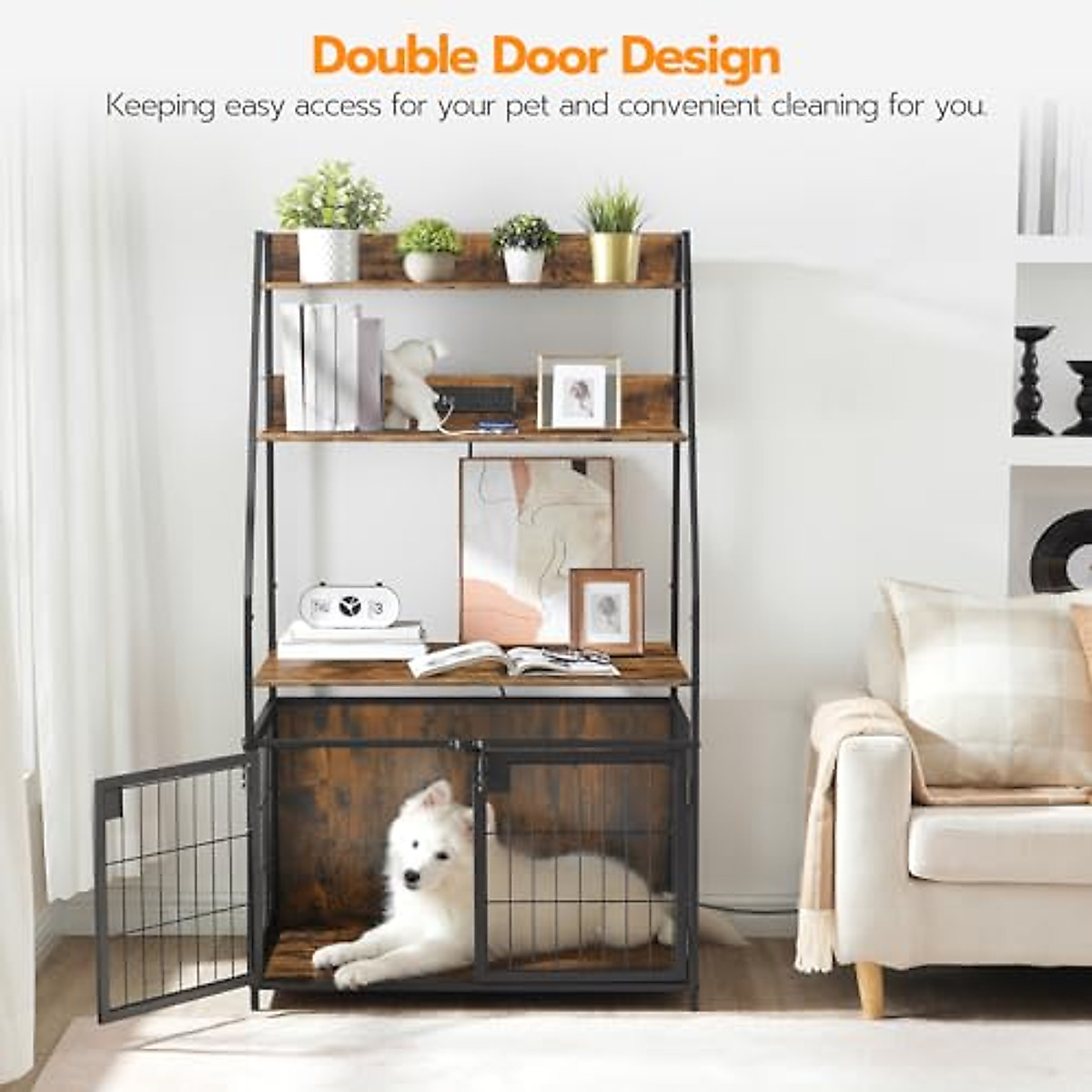 Dog Crate Furniture with Storage Shelves, 31.5 Inch Heavy Duty Dog Crate with Power Outlet, Wooden Dog Kennel Indoor Furniture for Small Medium Dogs, Three Doors, Rustic Brown and Black BF80UGW03