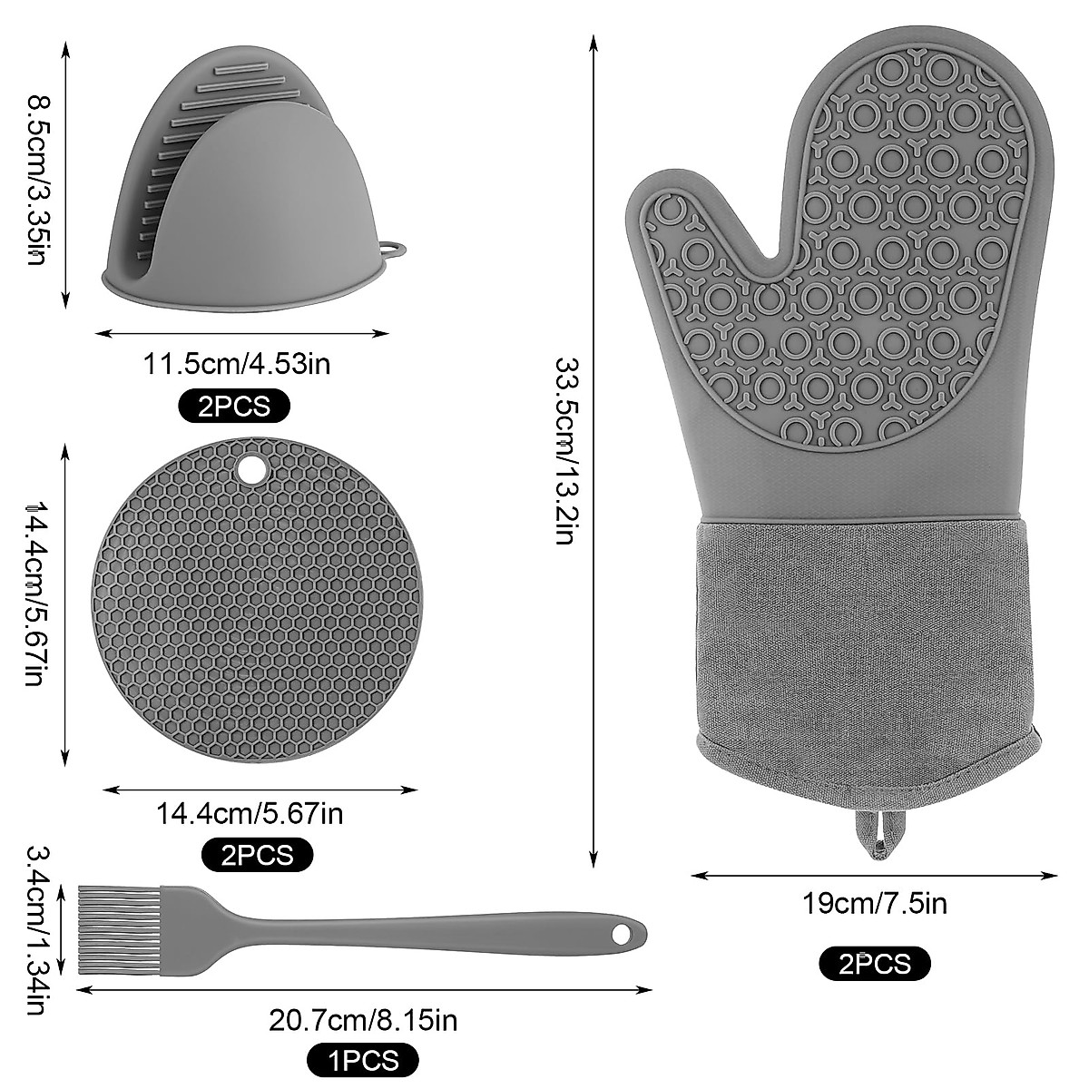 Guiqulai 7 Pcs Oven Mitts and Pot Holders Set, Extra Long Silicone Oven Glove, Heat Resistant Waterproof Kitchen Gloves, Kitchen Mittens with Mini Oven Gloves and Brush for Cooking Baking BBQ