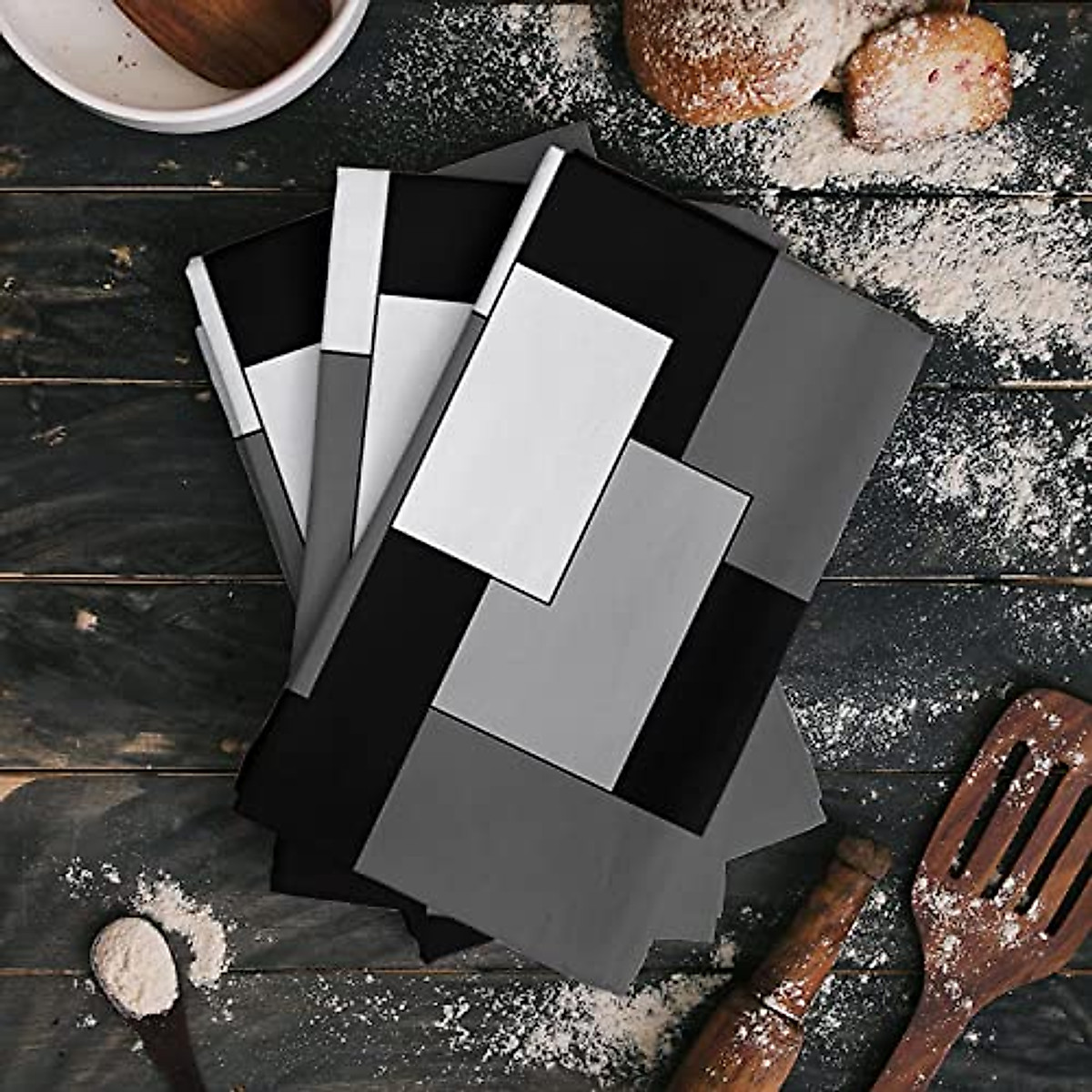 Amaze-Home Kitchen Dish Towels Set of 2, Abstract Geometric Color Block Soft Lightweight Absorbent Hand Towel Tea Towel White Grey Black Microfiber Kitchen Towels for Kitchen Bathroom,18x28inch