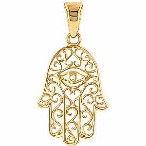 Jewelry America Solid 14K Yellow Gold Filigree Hamsa Hand of Fatima with Evil Eye Pendant Necklace, 20"