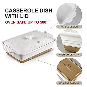 HVH Ceramic Casserole Dish with Lid Oven Safe, 9x13 Casserole Dish, Covered Rectangular Casserole Dish Set, 3.5 Quart Large Casserole Dish, Baking Dishes for Casseroles, Farmhouse Style (White)