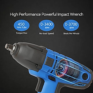 Prostormer 7.5A Electric Impact Wrench, 1/2 Impact Driver Chuck, 3400 RPM Power Wrenches 450 Ft-lbs Max Torque with 4 Pcs Impact Sockets and Carry Case