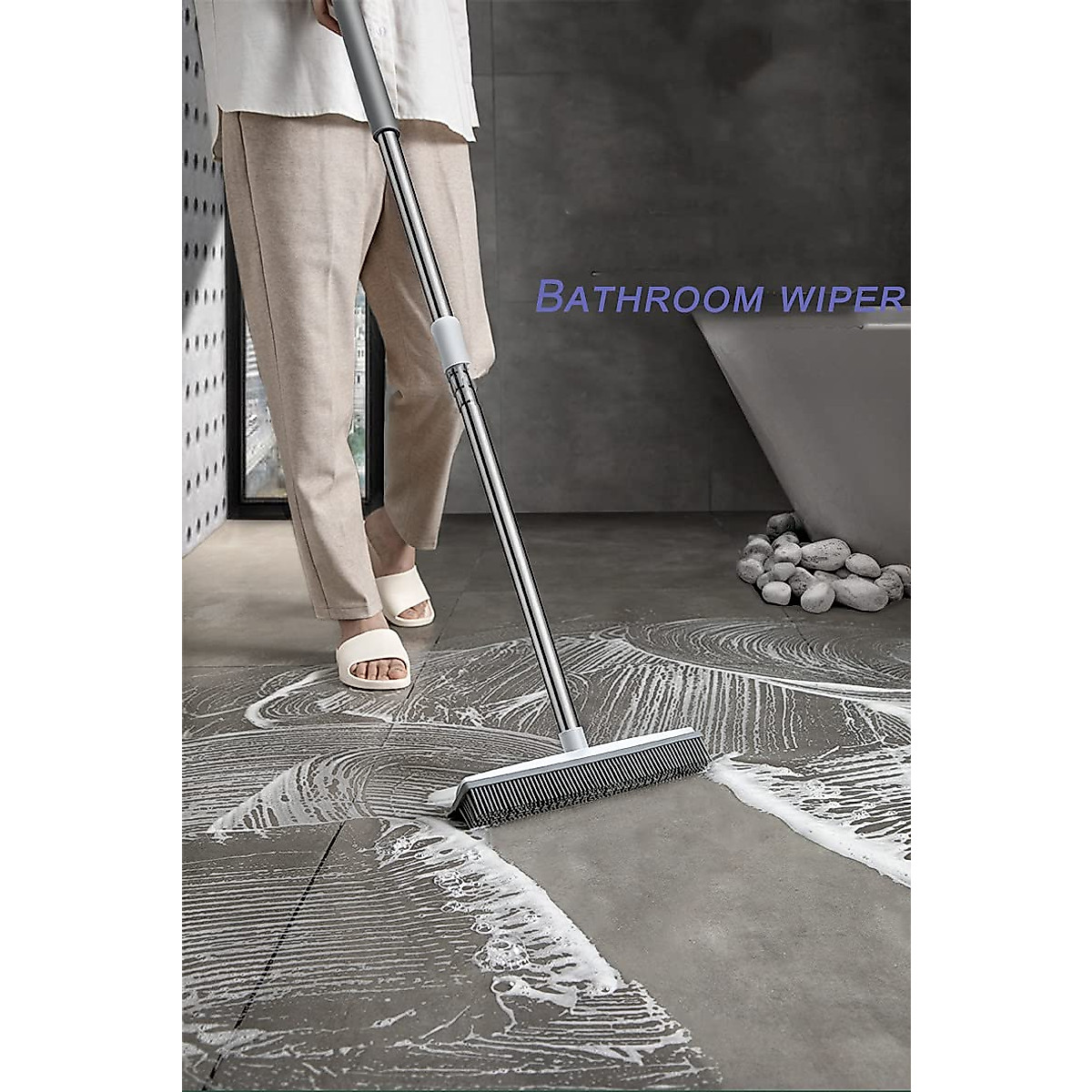 pet Hair Removal Broom Rubber Broom 66 inches Extended 2-in-1 Carpet rake with Scraper 4 Sections Stainless Steel Handle to Clean Hardwood Floor Bathroom Wipe