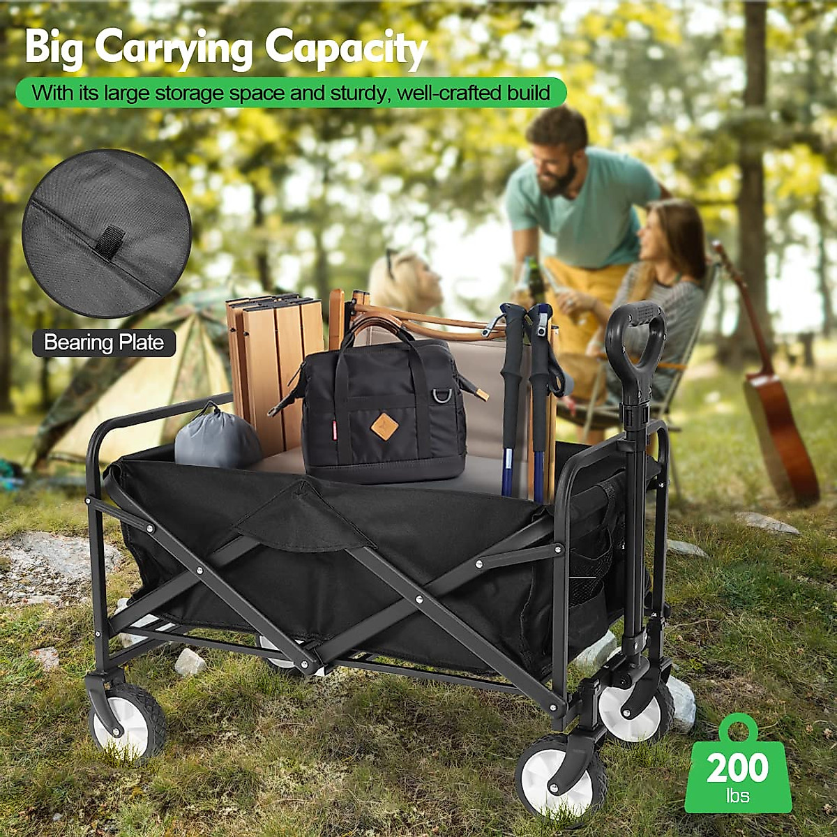 Folding Wagon, Collapsible Wagon Garden Cart Heavy Duty with Side Pocket and Terrain Wheels, Large Capacity Foldable Grocery Beach Wagon for Garden Sports Camping Shopping(1 Year Warranty)