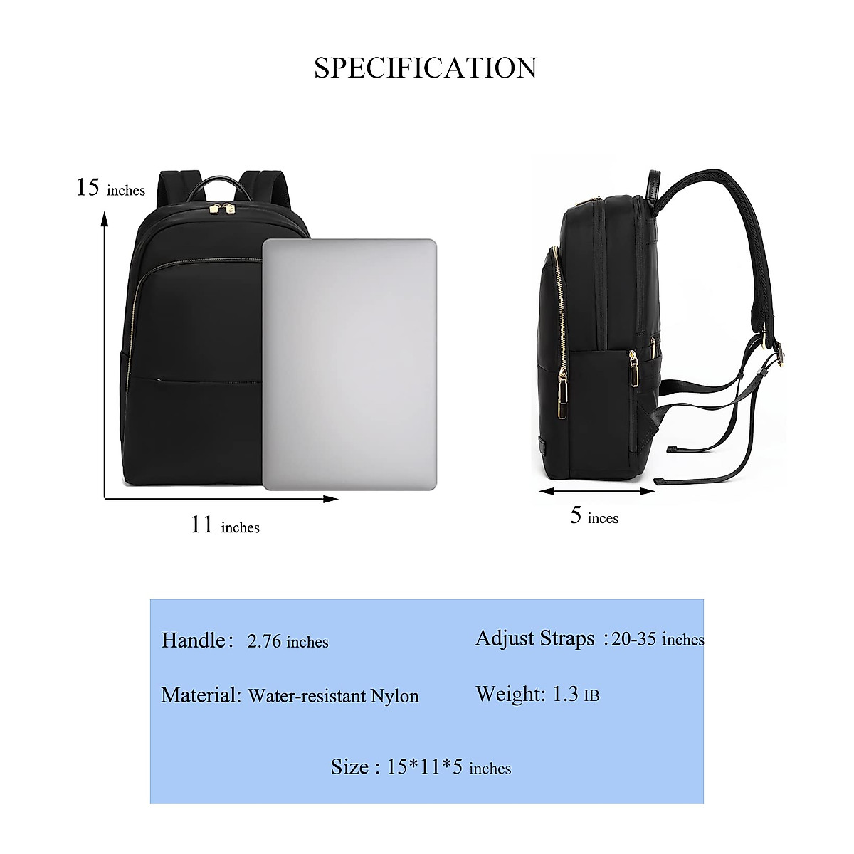 Shaelyka Lightweight Laptop Backpack for Women, Fit for 14 inches Laptop, Water-resistant Travel Backpack, Black