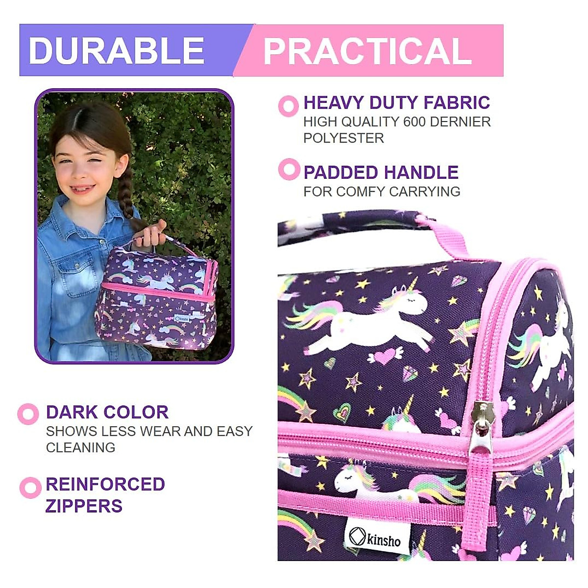 kinsho Unicorn Toddler Lunch Box for Girls Kids, Insulated Bag for Baby Girl Daycare Pre-School Kindergarten, Container Boxes for Small Kid Snacks Lunches, 2 Compartments, Unicornio Purple
