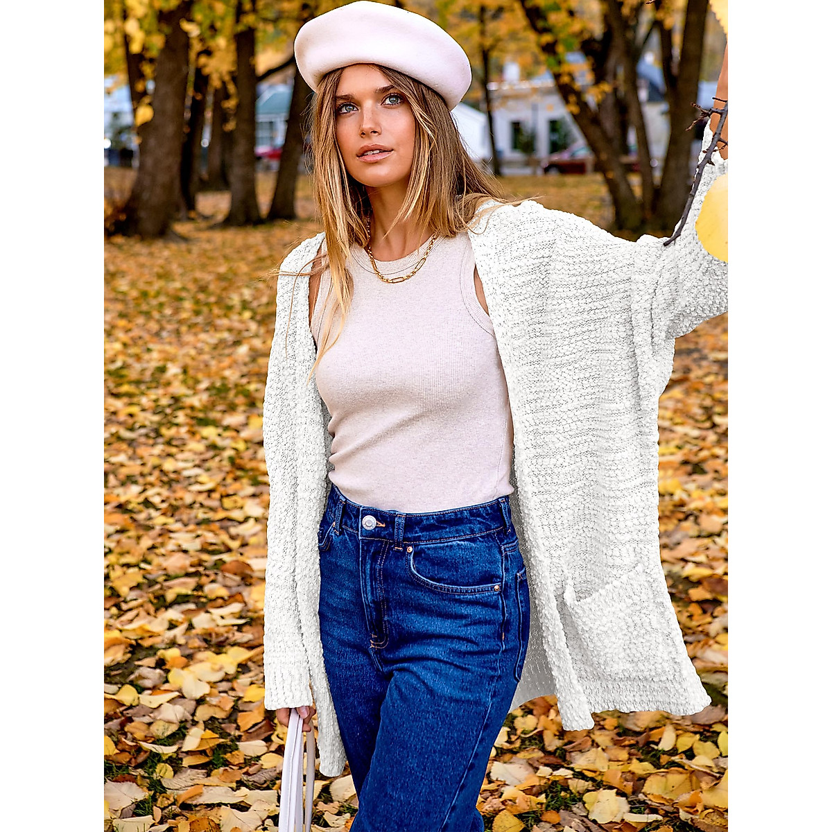 ANRABESS Women Open Front Fuzzy Batwing Sleeve Lightweight Oversized Loose Cozy Knit Cardigan Sweaters 2024 Fall Outfits White X-Large