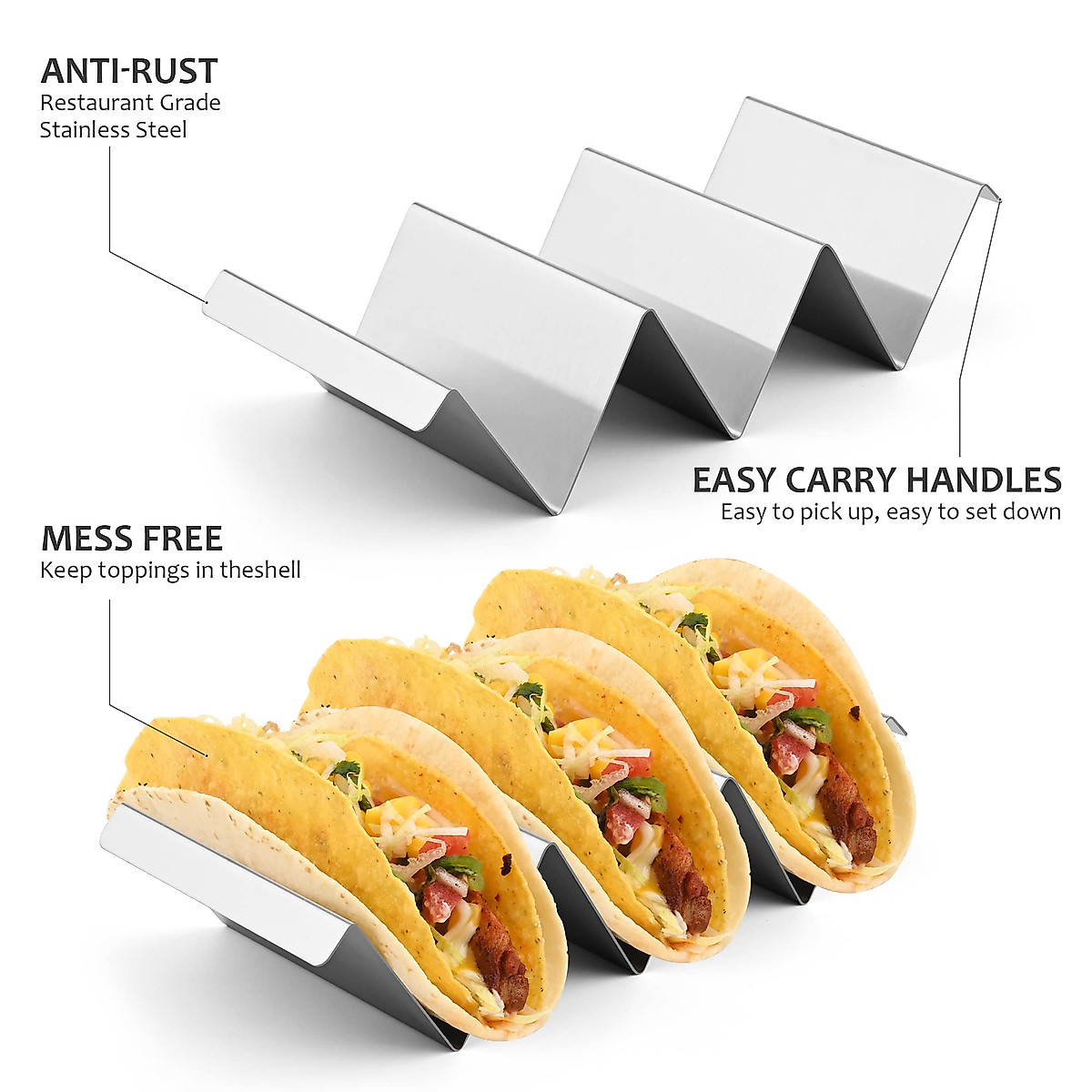Smithcraft Taco Holder, Stainless Steel Taco Holders Stand Set 2, Metal Taco Shell Holder Mold, Oven Grill Safe Taco Rack Tray Holder With Handle, Fill Serve Holds Up to 3 Tacos Each Taco Plate