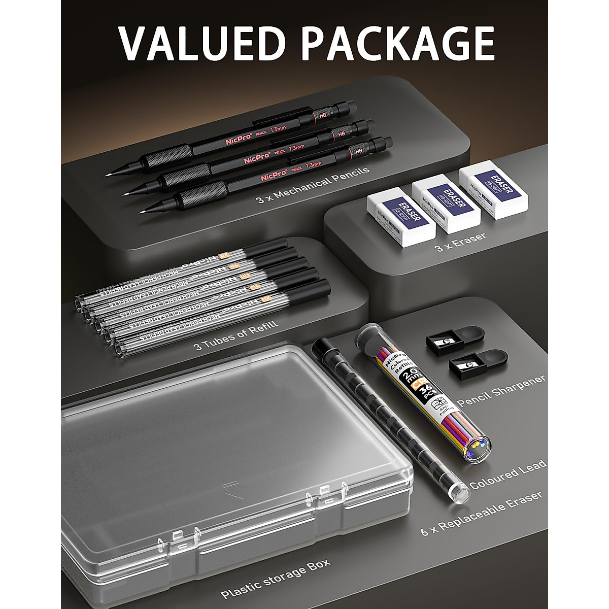 Nicpro 3 Pack 2mm Mechanical Pencils Set with Case, 33 Graphite Lead Refills (4B 2B HB 2H 4H), 36 Colored Lead, Erasers -Weatherproof Metal Barrel, Heavy Duty Carpenter Pencil For Drawing Sketching