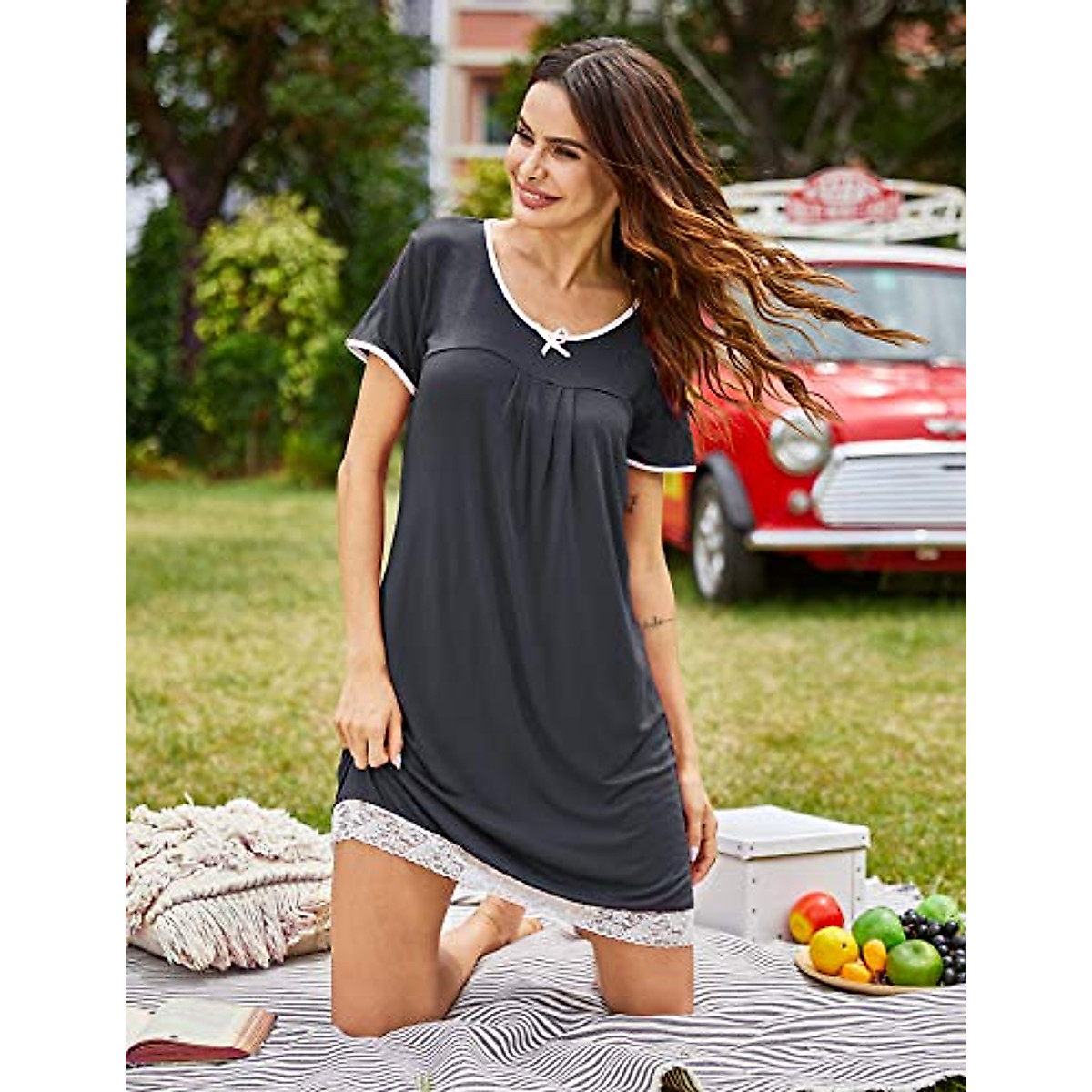 HOTOUCH Sleepwear Sexy Short Sleeve Womens Nightgown Modal Sleep Shirt Scoop Neck Lace Trim Soft Nightshirt, Grey M