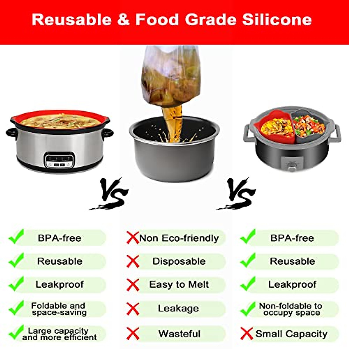 Silicone Slow Cooker Liners, SelfTek Reusable Liner Fits Crock-Pot &Hamilton Beach 7-8 Qt Oval, Foldable, Leakproof Dishwasher Safe Cooking Insert Includes Spoon - Black 1Set