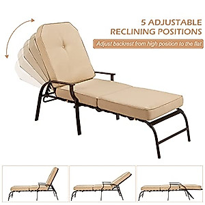 U-MAX Adjustable Outdoor Chaise Lounge Chair Patio Lounge Chair Recliner Furniture with Armrest and Cushion for Deck, Poolside, Backyard (Beige)