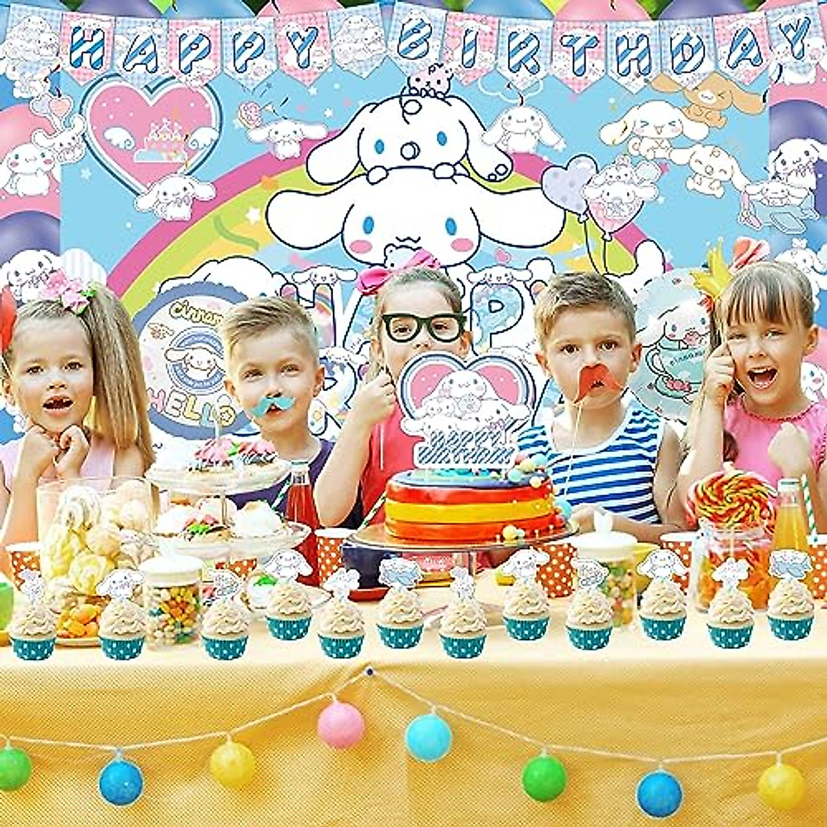 Kawaii Birthday Decorations, Cute Party Supplies Include Banner, Hanging Swirl, Balloon, Backdrop, Cupcake Toppers for Kawaii Birthday Supplies