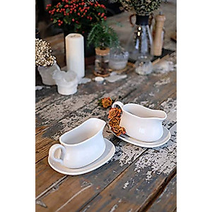LE TAUCI 17oz Gravy Boat with Saucer Stand, Set of 2, Ceramic Sauce Boat with Tray for Salad Dressings, Creamer, Broth, Black Pepper, White