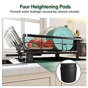 Qienrrae Dish Drying Rack with Drainboard Set, Stainless Steel Dish Drainers for Kitchen Counter, Dish Strainer with Utensil Holder, 360° Swivel Spout and Extra Dryer Mat, Black