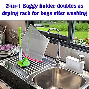 Baggy Rack (2-Pack) Ziplock Bag Holder Stand + Reusable 1 Gallon Freezer Bags (4-Pack) - Hands-Free Food Storage Bag Rack for all Size Food Prep Sandwich Bags + 4 Thick PEVA / Silicone Freezer Baggies