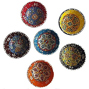 Tubibu Decorative Desing Turkish Ceramic Bowl Set of 6 - Handcrafted Pinch Multicolor Finger Small Serving Bowls (Deco, 3.15")