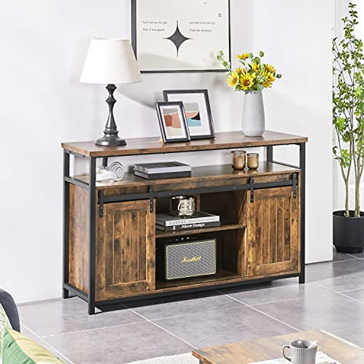 Yaheetech Rustic TV Stand with 2 Storage Cabinets for 55 Inch TV, Entertainment Center with Sliding Barn Doors & Height Adjustable Shelves, TV Console for Living Room