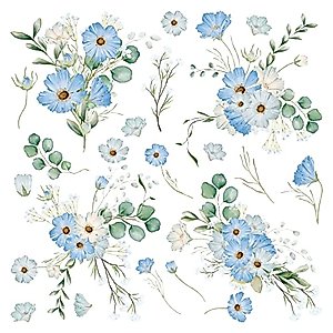 Powder Blue Flower Rub on Transfer, 6 x 6 inch Sheet - Dry Rub-On/Off Transfers Stickers for Decoupage Scrapbooking Crafts Mixed Media Collage Art