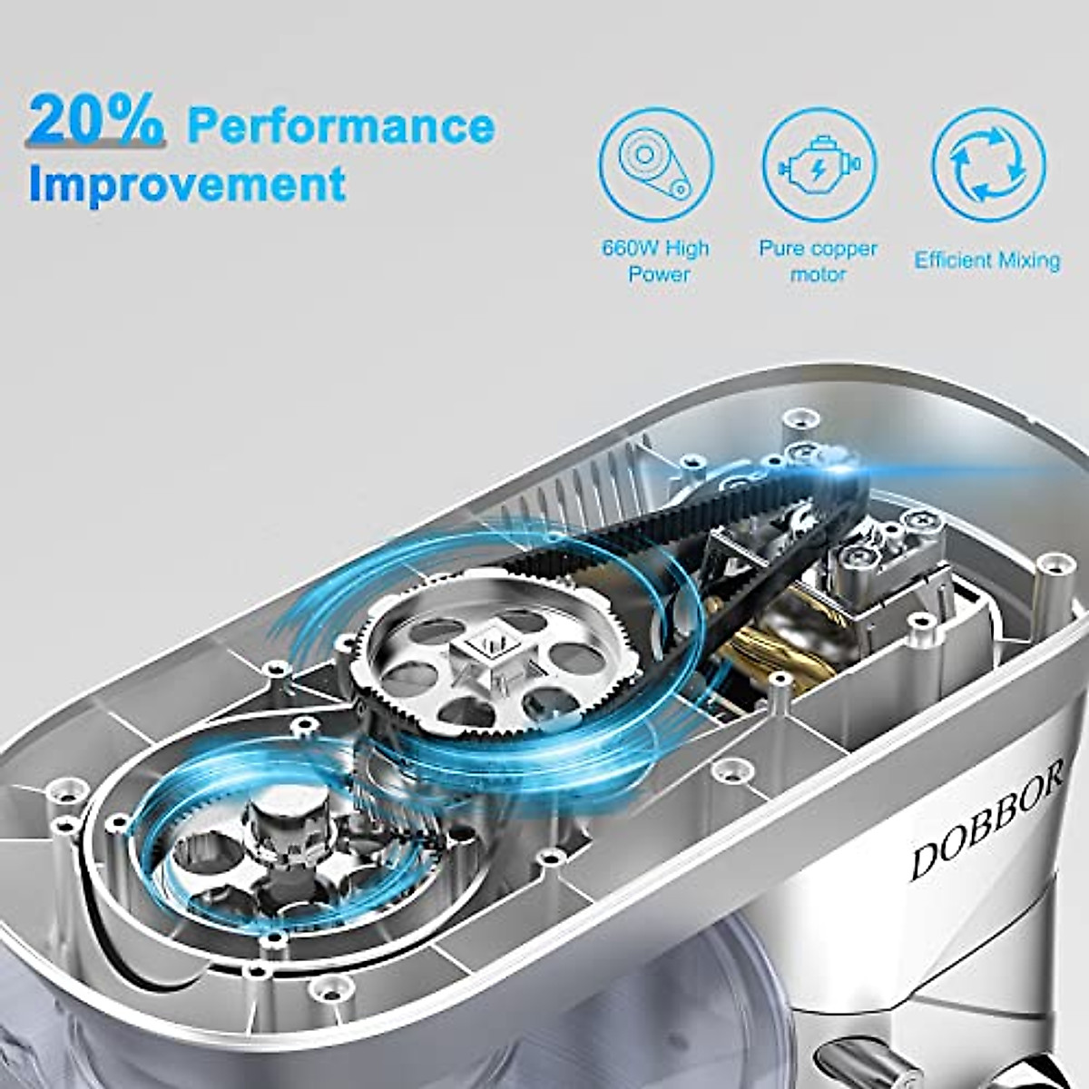 9.5QT Standing Mixer, DOBBOR 7 Speeds 660W Tilt-Head Kitchen Dough Mixer, Electric household mixers with Dough Hook, Whisk, Beater, Splash Guard & Mixing Bowl for Baking - Silver