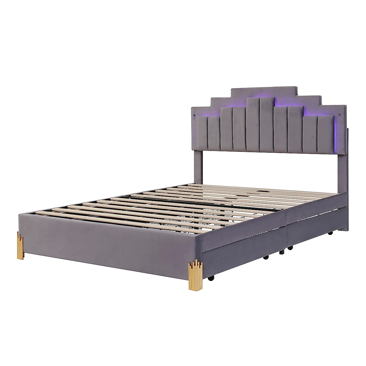 JIVOIT Queen Size Upholstered Platform Bed with 4 Drawers, Modern LED Light Platform Bed Frame, Stylish Irregular Metal Bed Legs Design, Upholstered Storage Bed for Kids Teens (Gray,Queen,Metal Legs)